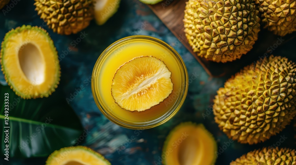 Bright yellow jackfruit juice with submerged slice and whole jackfruits ...