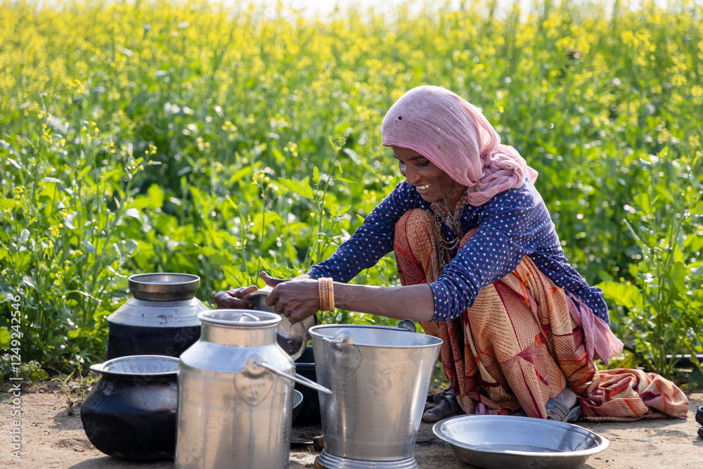poor malnutrition village women living below poverty line washing ...