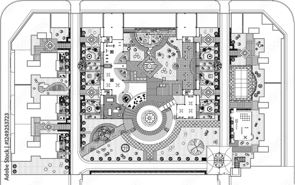 vector sketch, silhouette illustration, site plan layout, city park ...