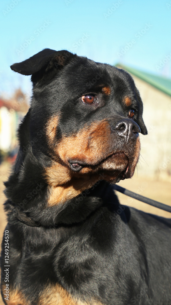Rottweiler girl on a walk. Attentive look of a huge black Rottweiler ...