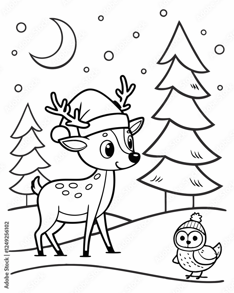 Winter mood coloring page. Coloring book with woodland animals, deer ...