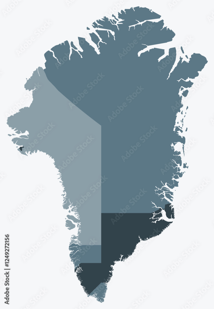 Map of Greenland with regions. Just a simple country border map with region division. Blue grey ...