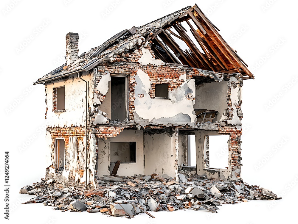 Ruined House: A dilapidated, two-story house stands as a symbol of ...