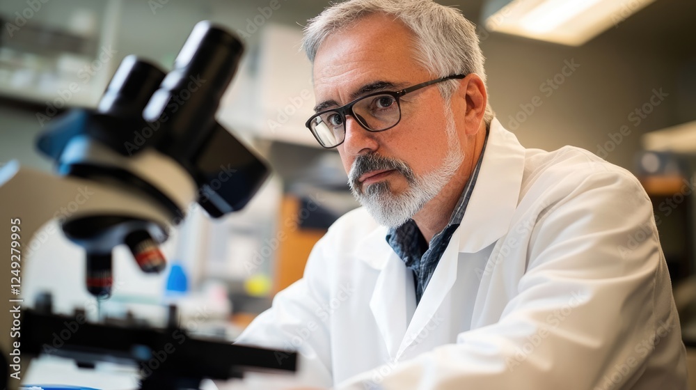 Scientist man examines samples under microscope. Laboratory, scientific ...