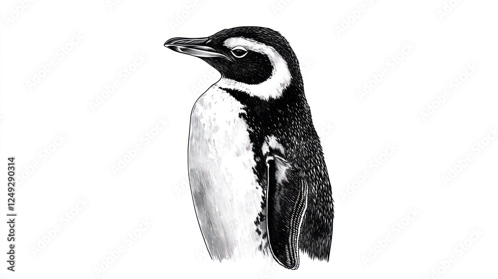 Detailed Pencil Sketch of a Penguin, Side View, Isolated White ...