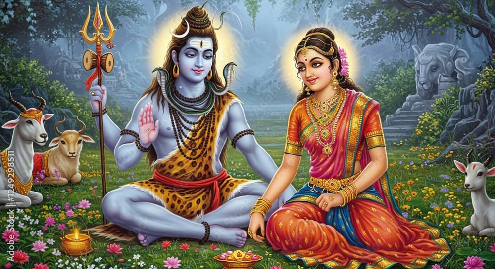 beautiful portrait of Hindu religion god Shiva or shiv with goddess ...