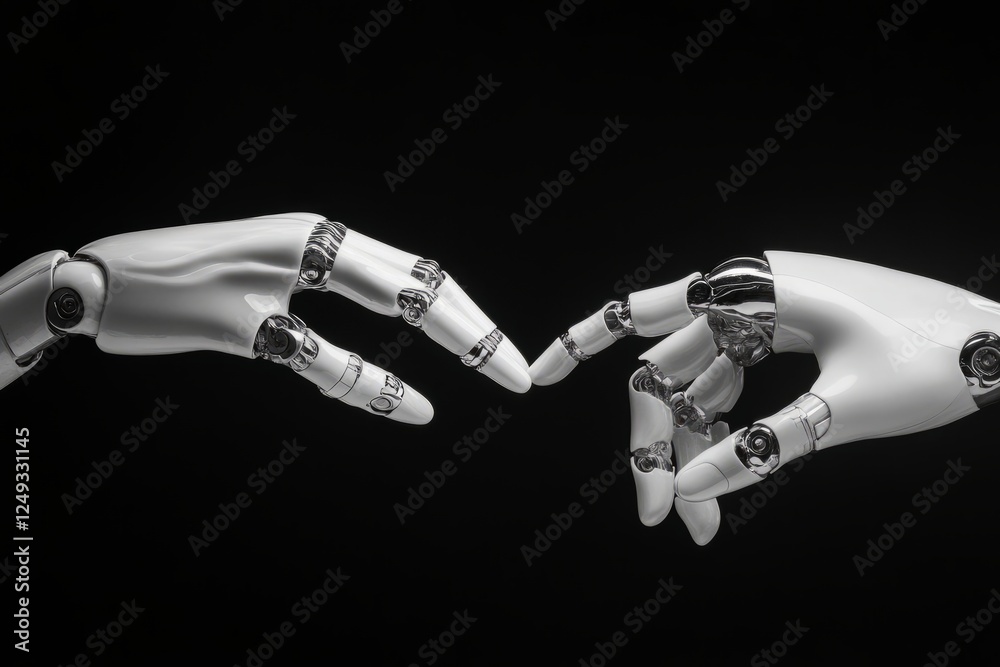 Two robotic hands reaching out, their fingers touching, symbolizing ...