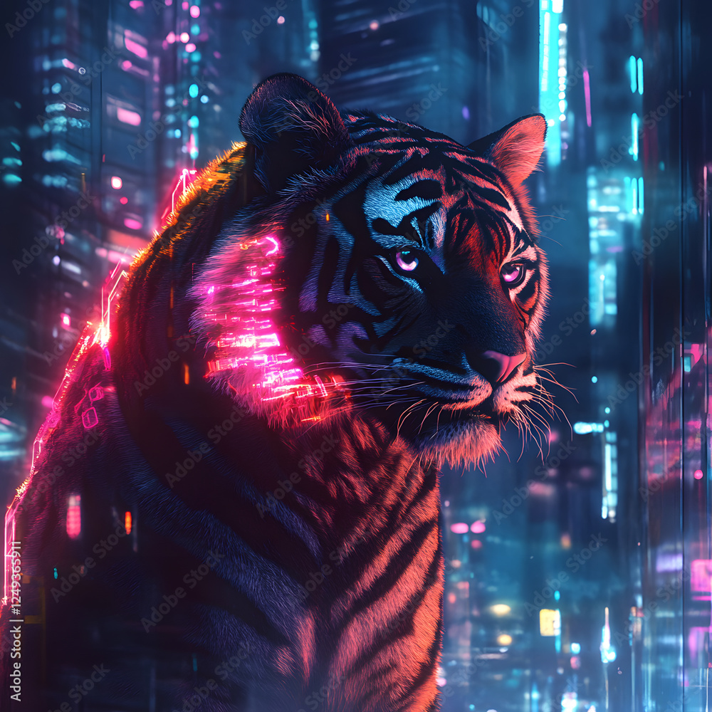 Cyberpunk tiger prowls a neon city. The striking feline is augmented ...
