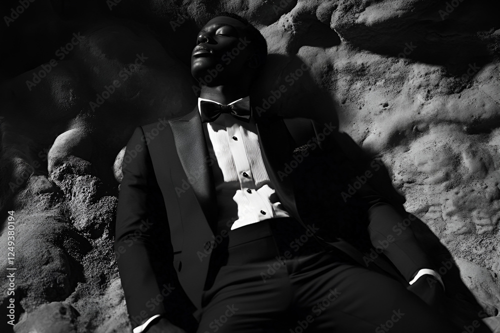 Black and White Fashion Portrait: A stylish man in a sharp tuxedo poses ...