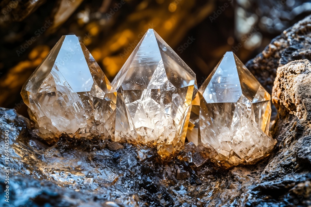 Brillantes cristales de cuarzo emergen de la roca con formas ...