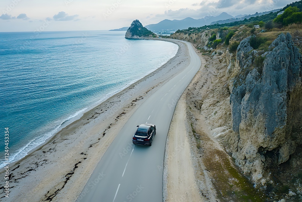 Coastal road trip Car drives scenic seaside highway, cliffside backdrop ...