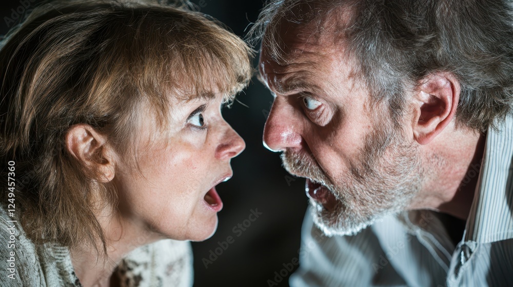 Angry older couple in heated argument, shouting and leaning towards ...
