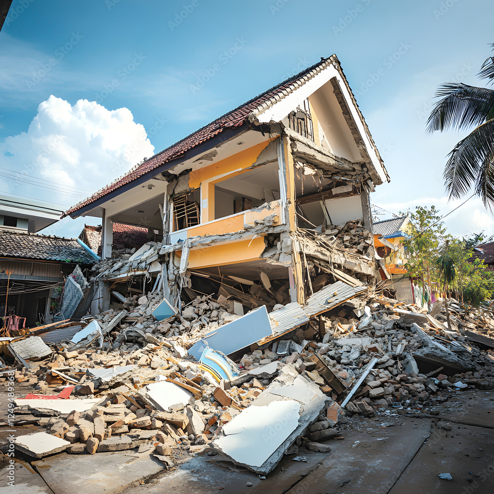 Severe earthquake damage to residential building with debris and rubble ...