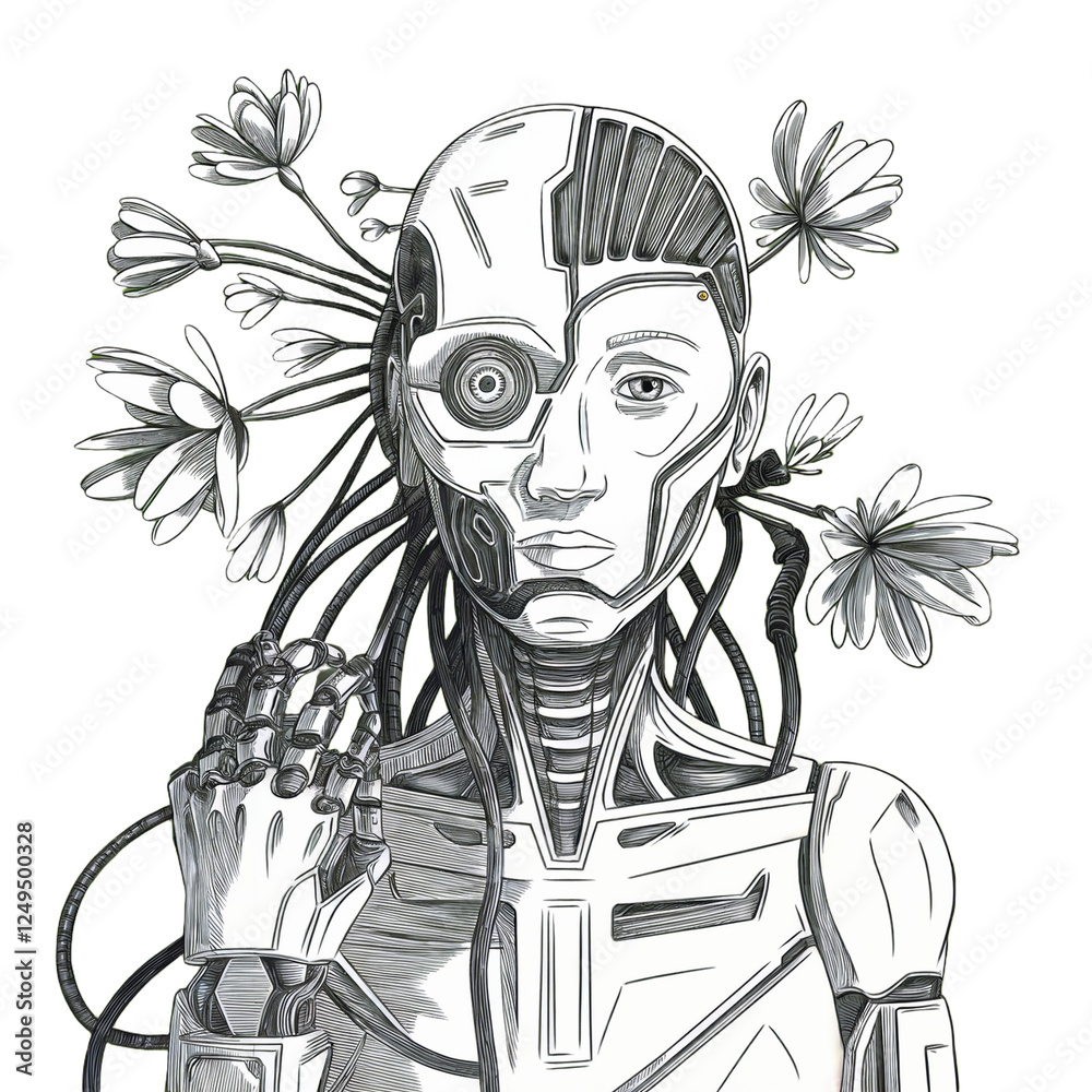"Wood & Wire: The Cyborg Bloom" portrait isolated on white background ...
