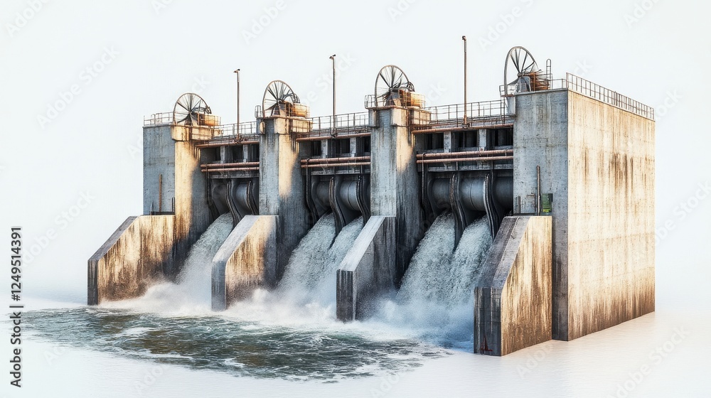 Large hydraulic dam releasing water into a river, showcasing industrial ...