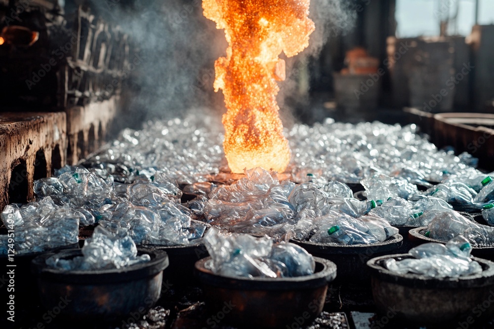 Melting plastic waste into molten energy at industrial recycling plant ...