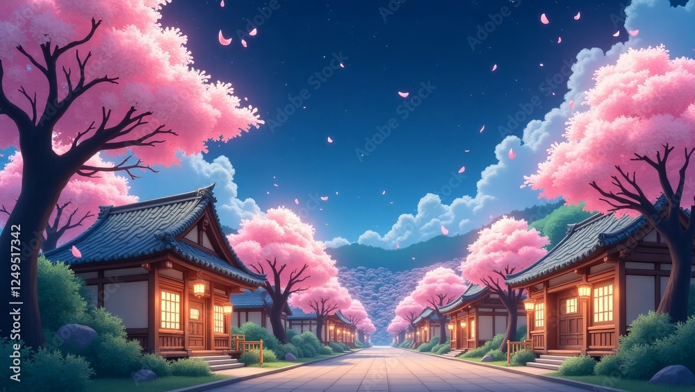 Anime-style village: blooming cherry blossoms, glowing lanterns, starry ...