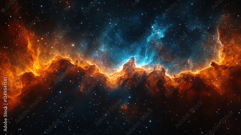 Cosmic Nebula Fiery orange and blue gas clouds in deep space, stellar ...