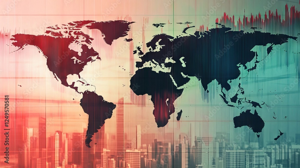 World map overlay with urban skyline and financial graphs during dusk ...
