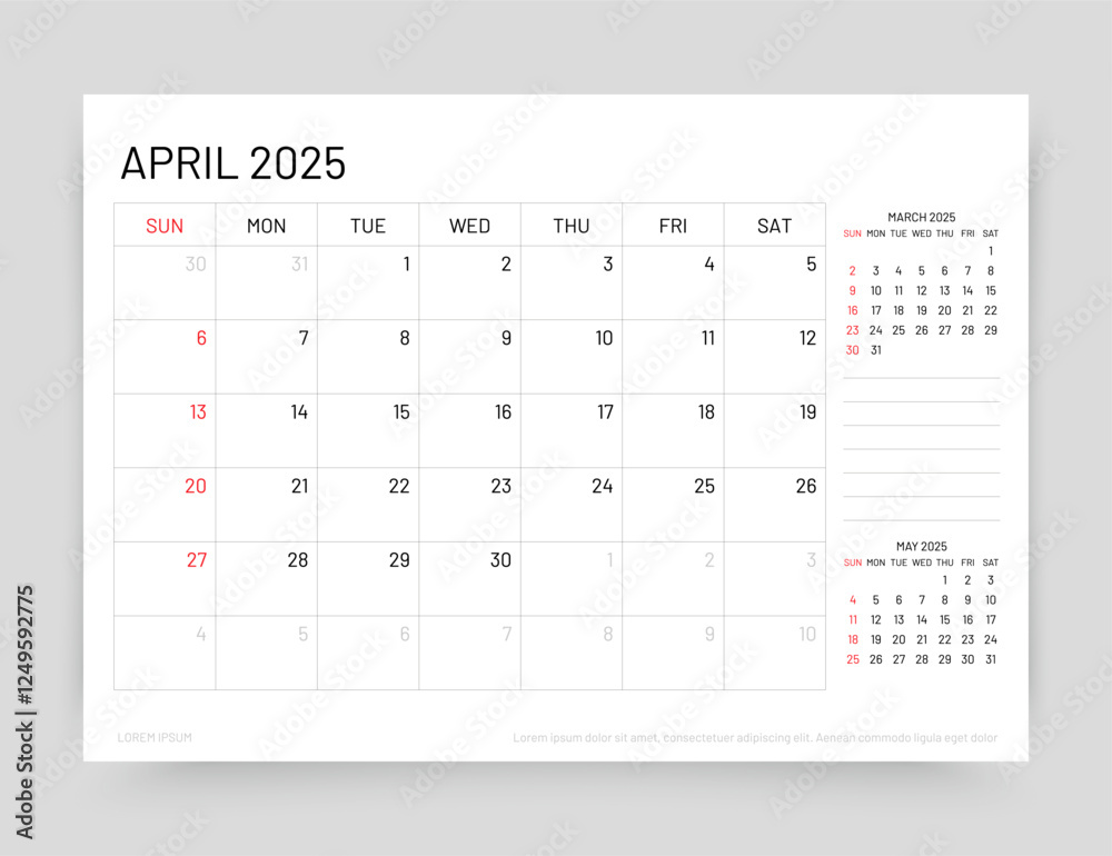 April 2025 year calendar. Planner calender layout. Desk monthly ...