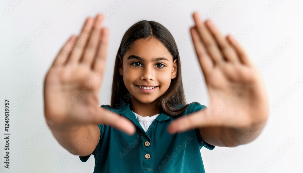 The girl signs each letter of the American Sign Language (ASL) alphabet ...