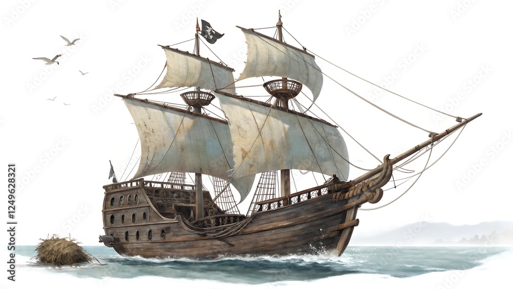 Illustration of a pirate ship sailing on the ocean, flying the Jolly ...