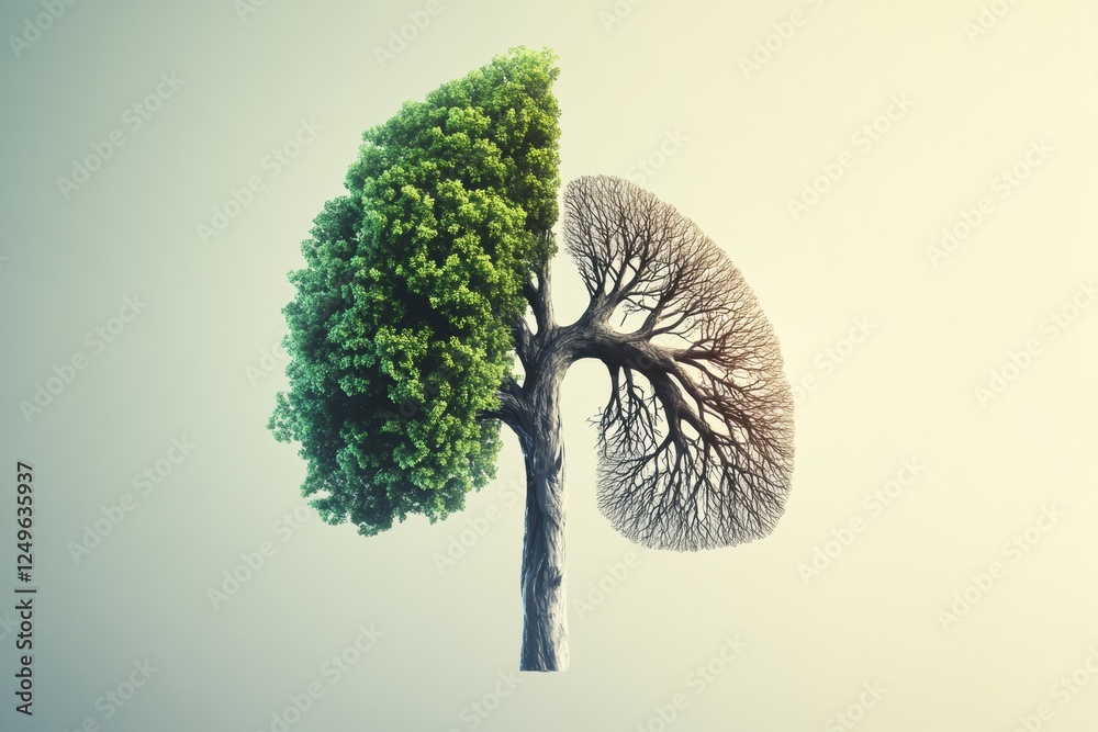 Deforestation, tree half green and half burnt, environmental ...