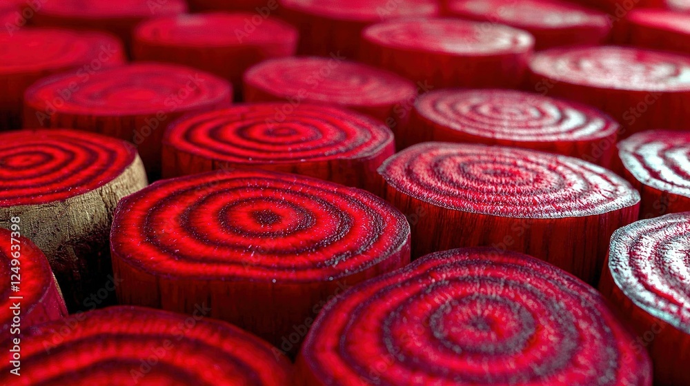 A close-up photo of red wooden logs featuring a circular design at the ...