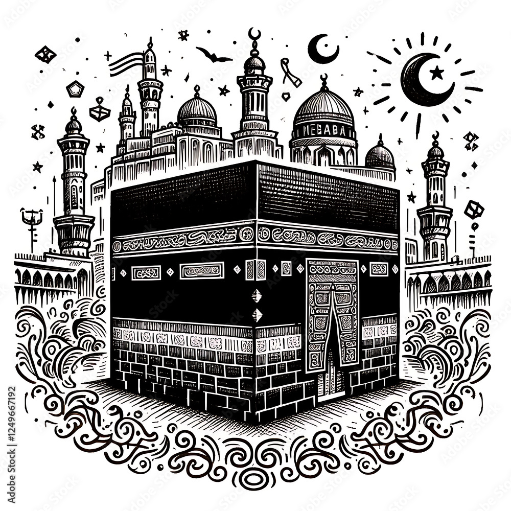 kabah in mecca hand drawn with watercolor painting style illustration ...