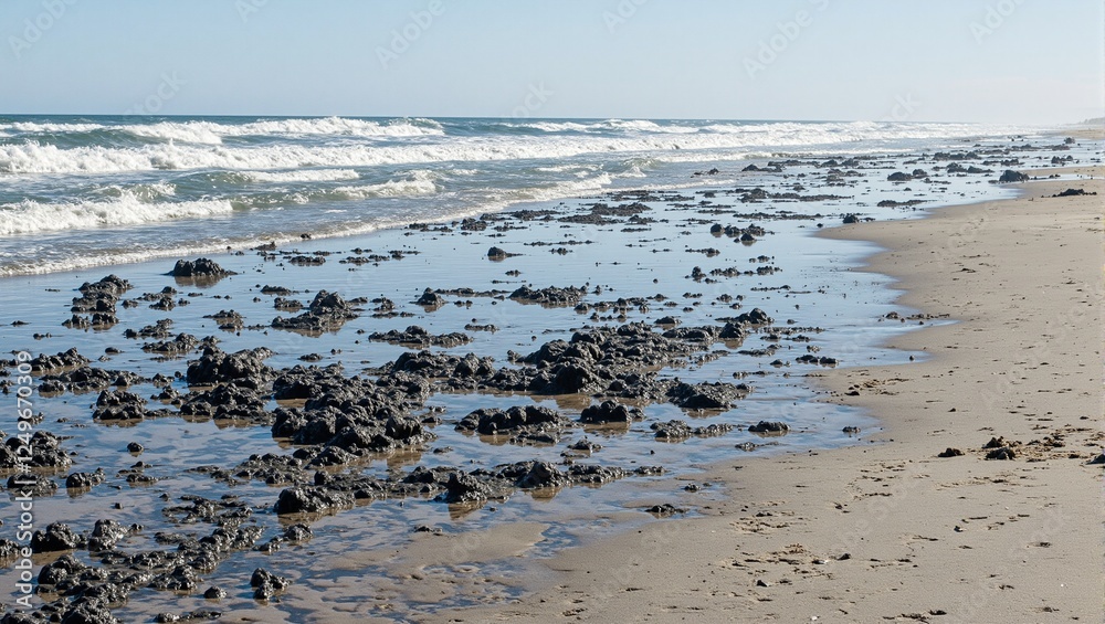 Eerie beach scene with oil slicked waves and tar balls portraying ...