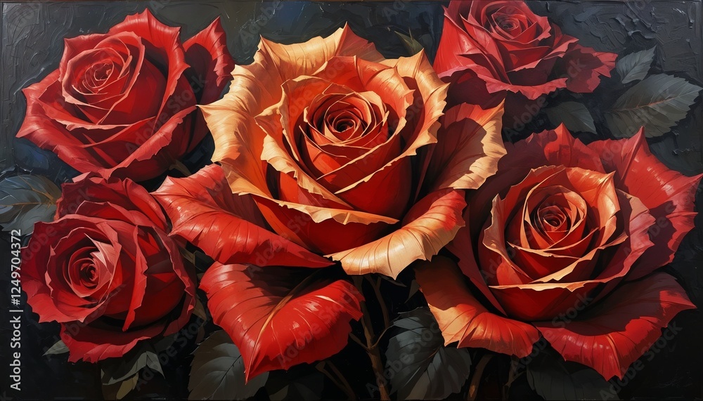 Cubist-style oil painting of roses, angular overlapping forms in bold ...