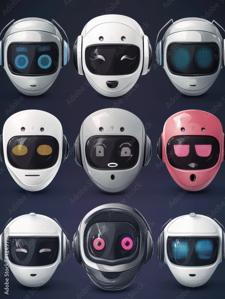 Chatbot avatar. Chat bot head with different emotions and symbols on ...