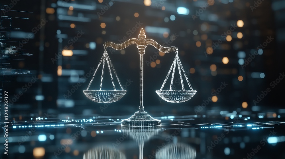 Transparent justice scale as a hologram, surrounded by digital data ...