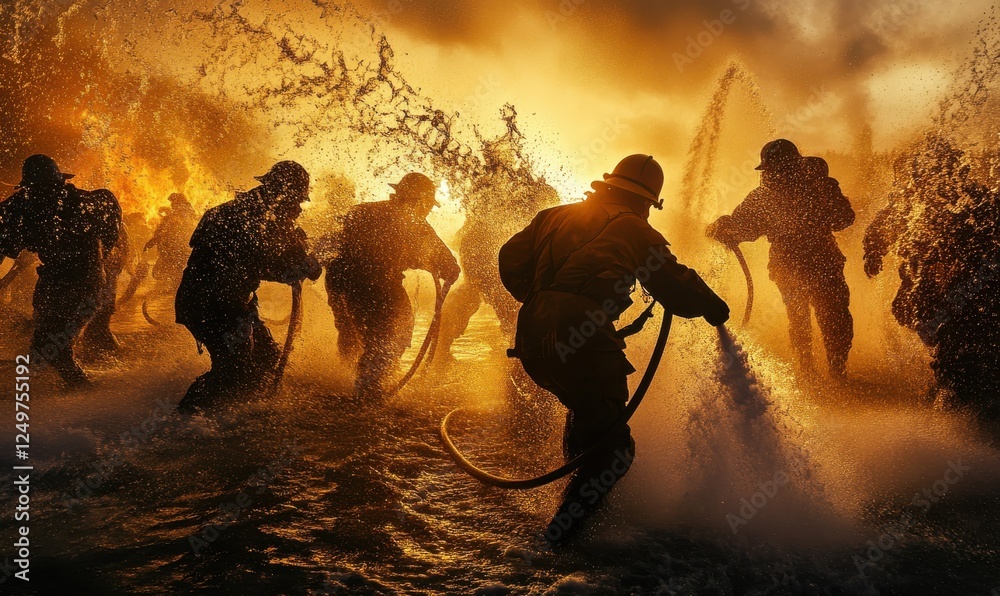 Firefighters battling intense flames with powerful water hoses ...