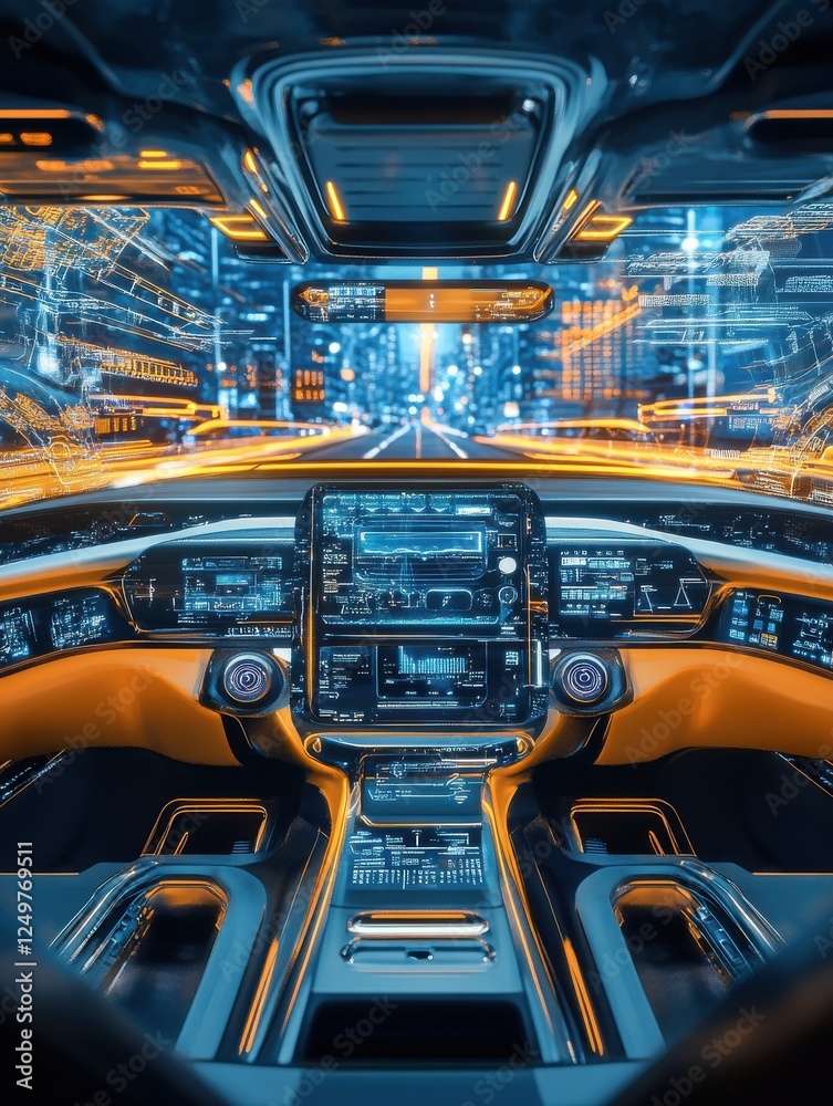 Foto de Stock interior of futuristic autonomous car and dashboard ...