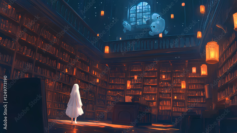 Enchanted girl exploring a magical library with floating books, glowing ...