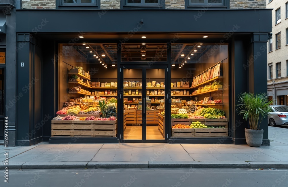 Modern grocery store with large window display, contemporary interior ...