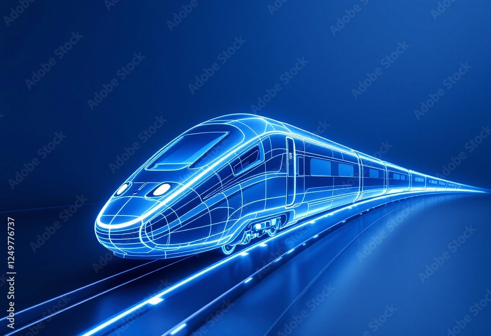 Modern high speed train in neon blue light effect. Futuristic express ...