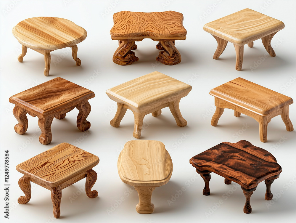 Collection of Nine Small Wooden Tables with Varied Shapes and Finishes ...