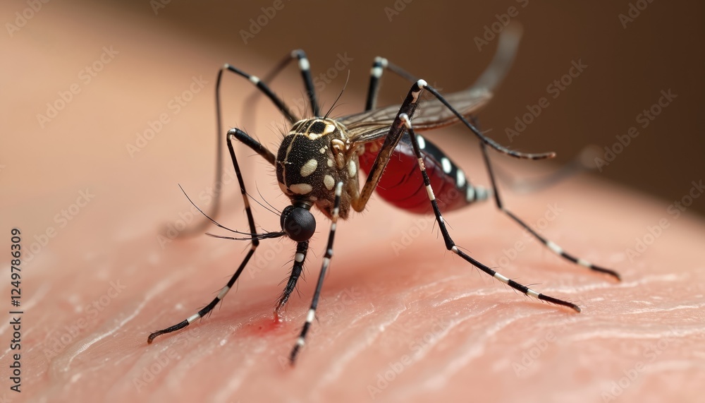 Closeup photo of aedes mosquito sucking blood from human skin. Mosquito ...