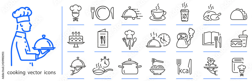 cooking icons, kitchen icon set, chef concept simple symbols, linear ...