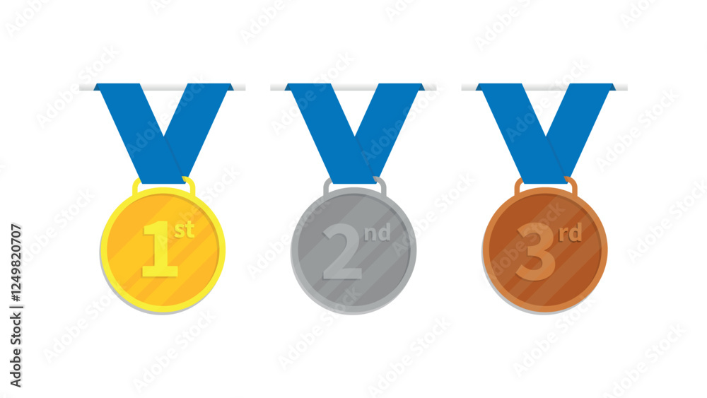 Gold, silver, and bronze medals with blue ribbon. Winner medals concept ...