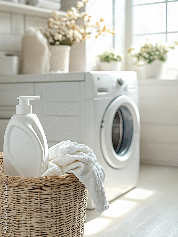 White plain laundry detergent bottle standing washing machine basket ...