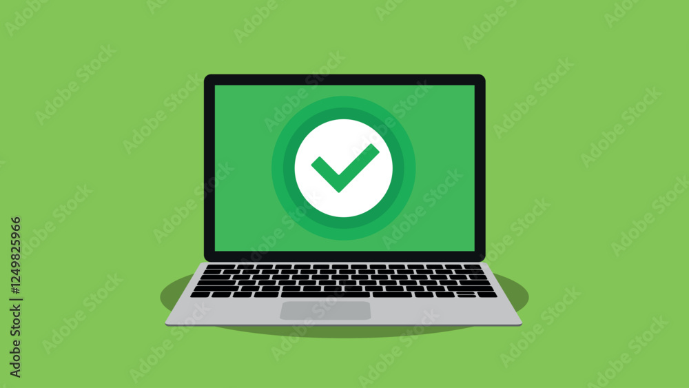 Laptop with check mark on screen. information recieved. Notification ...