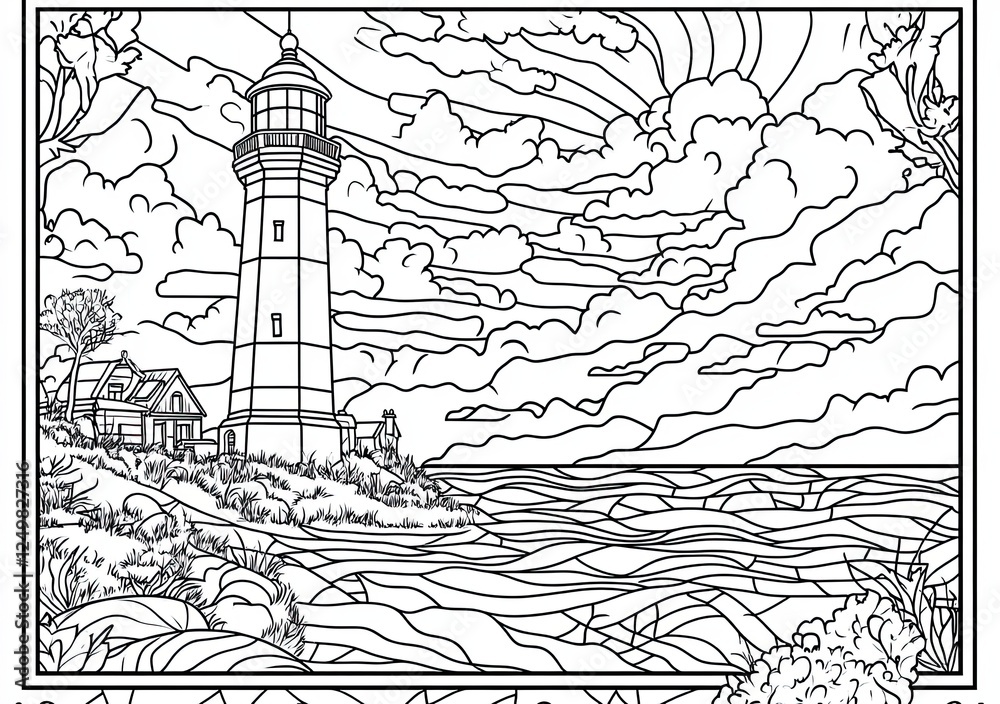 Adult Coloring Pictures. Drawing with variable stroke width. Lighthouse ...