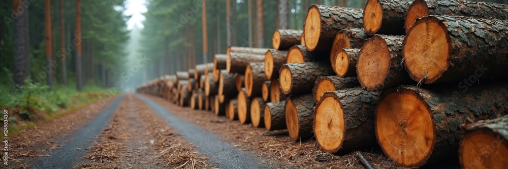 Stacked logs line forest road. Cut trees ready for transport. Wood ...
