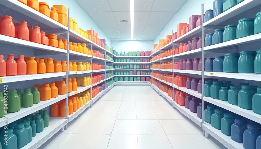 Colorful store interior various products on shelves. Empty shelves ...