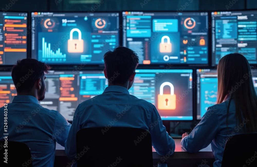 Tech staff monitors multiple screens in server room. Data protection ...