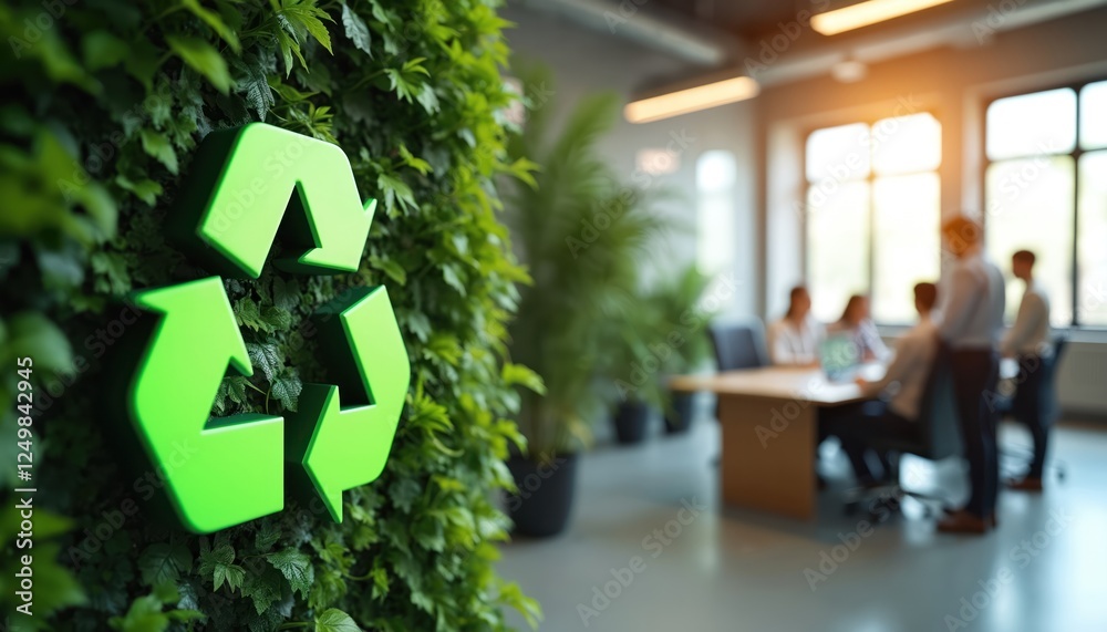 Green recycle symbol decorates office wall. Eco-friendly office space ...