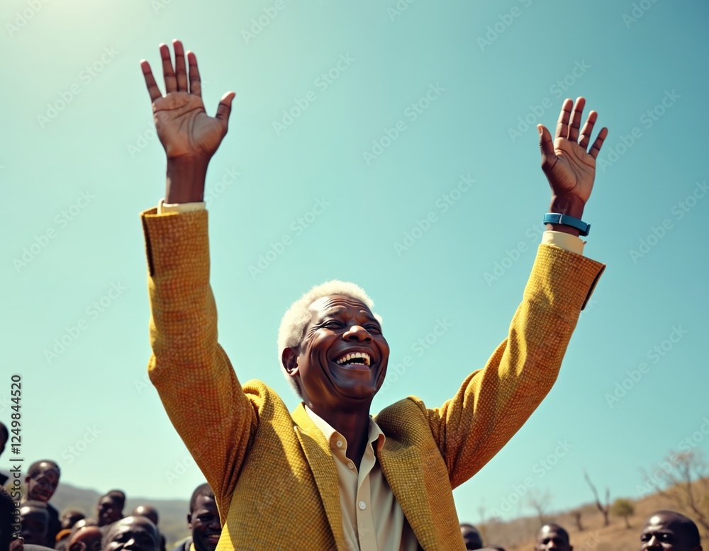 Foto de Stock Elderly man beams with joy raising hands in air ...